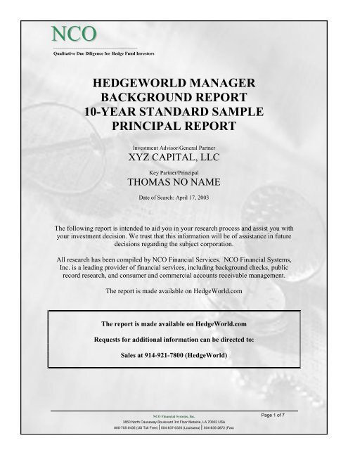 10-YEAR STANDARD SAMPLE PRINCIPAL REPORT - HedgeWorld