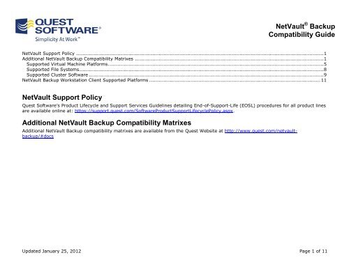 NetVault: Backup Supported Platform Matrix - Quest Software
