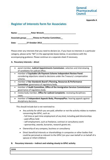 Register of Interests form for Associates
