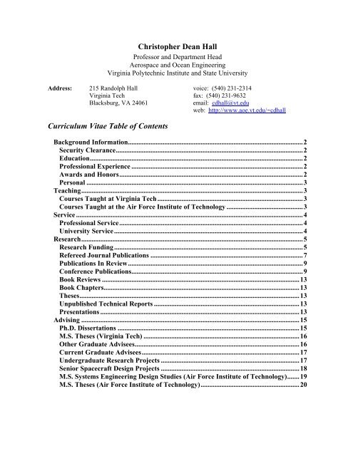 Christopher Dean Hall Curriculum Vitae Table of Contents