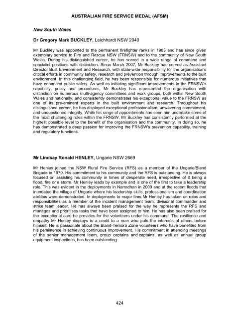 AUSTRALIAN FIRE SERVICE MEDAL (AFSM) 424 New South ...