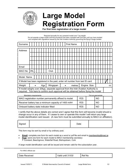 Large Model Registration Form - Model Aeronautics Council of Ireland