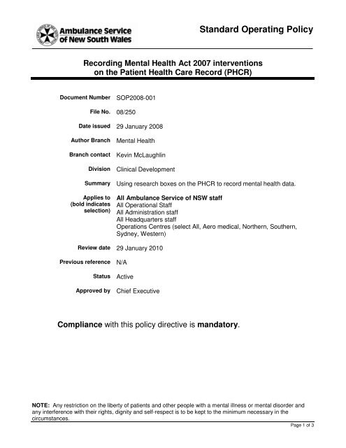 Standard Operating Policy - Ambulance Service of NSW