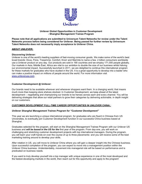 Unilever Global Opportunities in Customer Development - Shanghai ...