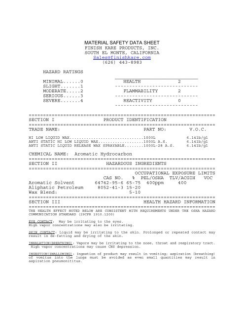 MATERIAL SAFETY DATA SHEET FINISH KARE PRODUCTS, INC ...