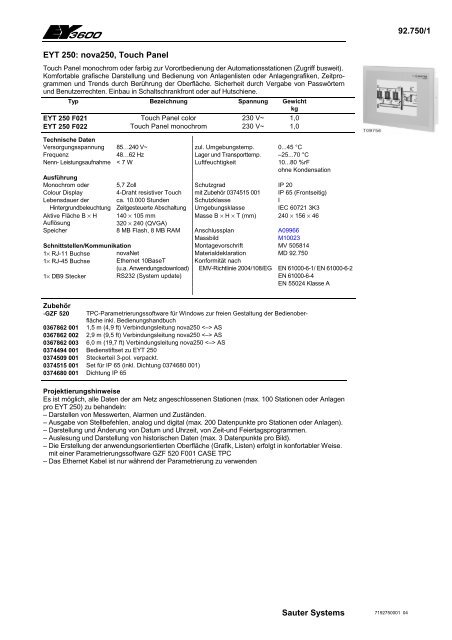 92.750/1 Sauter Systems EYT 250: nova250, Touch Panel