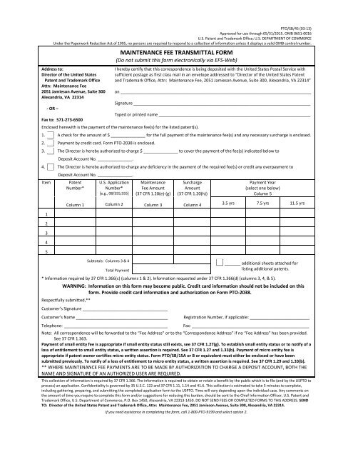 maintenance fee transmittal form - United States Patent and ...