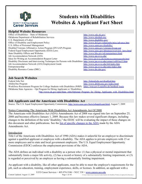 Students with Disabilities Websites & Applicant Fact Sheet