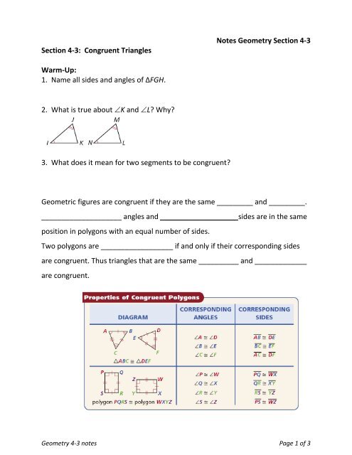 Notes Geometry Section 4-3 Section 4-3