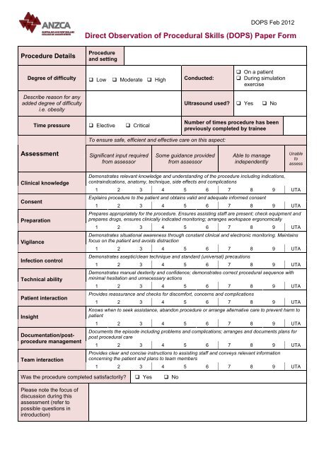 Direct Observation of Procedural Skills (DOPS) Paper Form