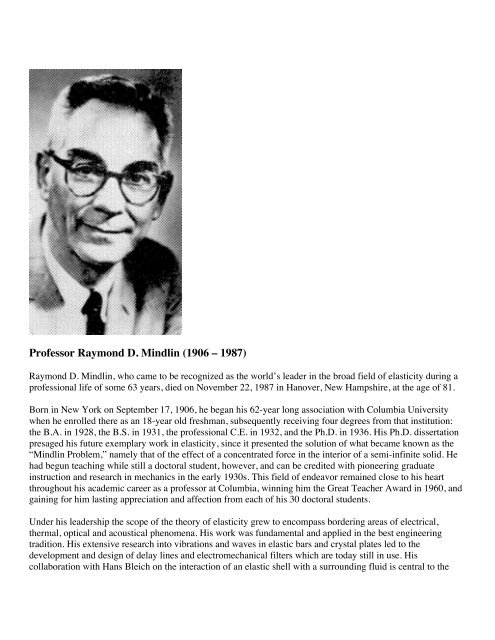 Professor Raymond D. Mindlin (1906 â 1987)