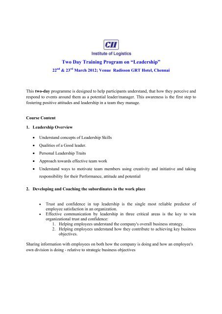 Two Day Training Program on â Leadershipâ - CII Institute of Logistics