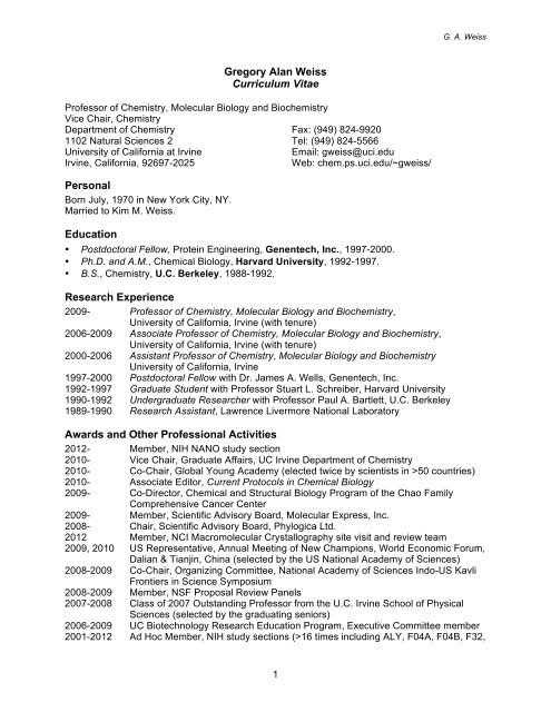 Gregory A. Weiss CV - Department of Chemistry - University of ...