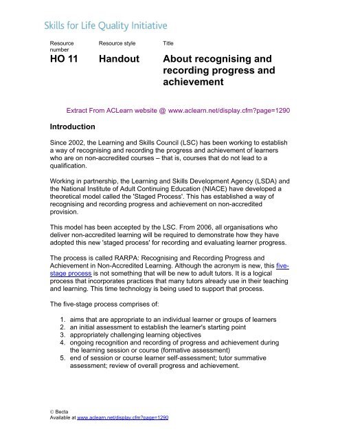 Recognising and Recording Progress and Achievement (RARPA)