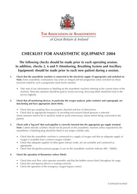 Checklist for anaesthetic equipment 2004 - aagbi