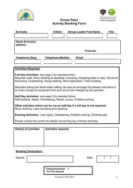 Group Days Activity Booking Form - Blue Peris Mountain Centre