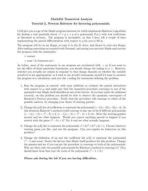Math321 Numerical Analysis Tutorial 2, Newton Bairstow for ...