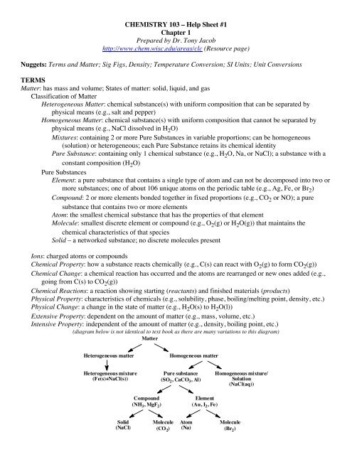 CHEMISTRY 103 – Help Sheet #1 Chapter 1 Prepared by Dr. Tony ...