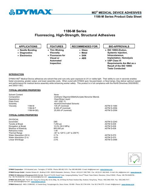 DYMAX 1186-M Series Medical Device Adhesives Product Data Sheet