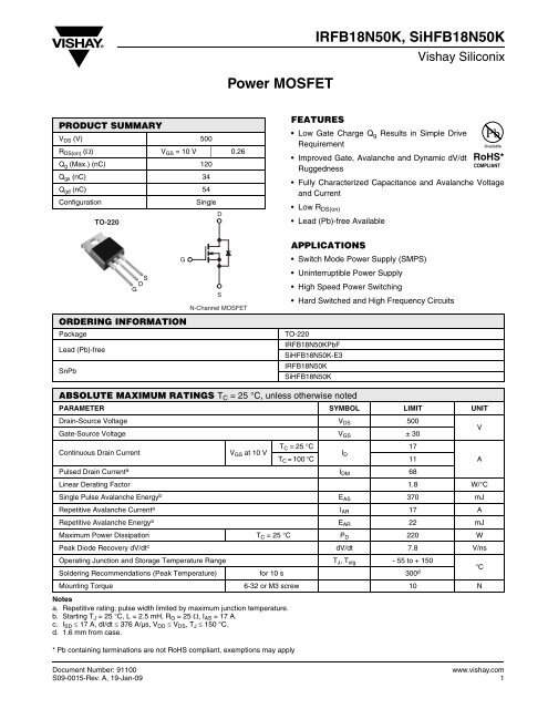 Power MOSFET IRFB18N50K, SiHFB18N50K - Vishay