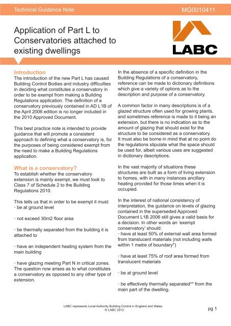 Application of Part L to Conservatories attached to existing ... - LABC