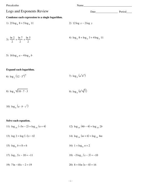 Precalculus - Logs and Exponents Review