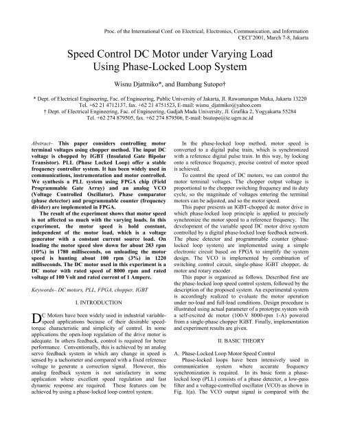 Speed Control DC Motor under Varying Load Using Phase-Locked ...
