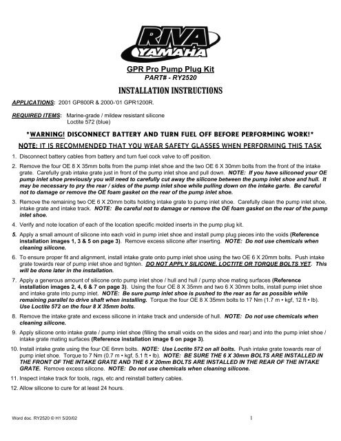 INSTALLATION INSTRUCTIONS - RIVA Racing