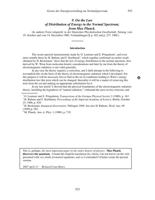 9. On the Law of Distribution of Energy in the Normal Spectrum; from ...