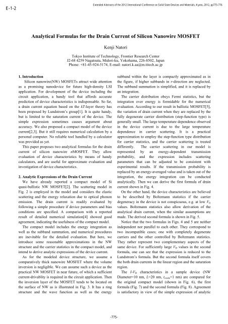 Analytical Formulas for the Drain Current of Silicon Nanowire MOSFET