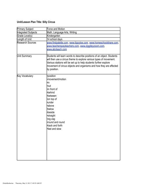Unit/Lesson Plan Title: Silly Circus Primary Subject Force and ...