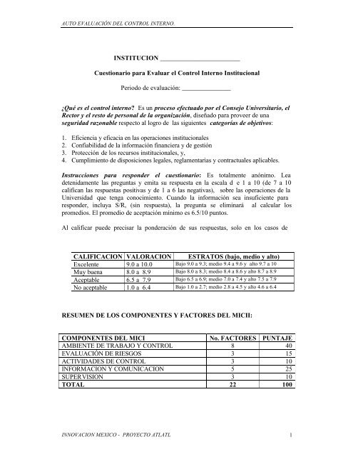Cuestionario para Evaluar el Control Interno Institucional ... - Amocvies Cuestionario para Evaluar el Control Interno Institucional ... - Amocvies