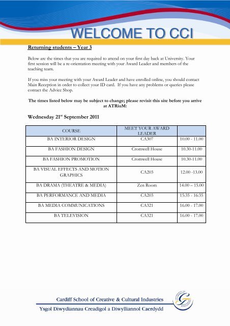 Induction Timetable 3RD years - CCI for Students