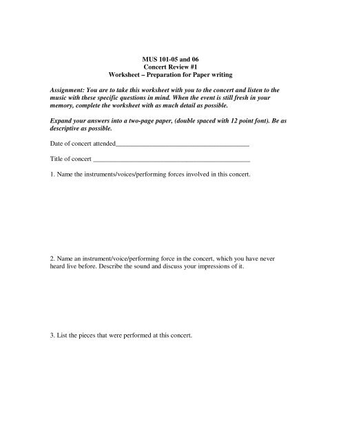 MUS 101-05 and 06 Concert Review #1 Worksheet ... - PAWS