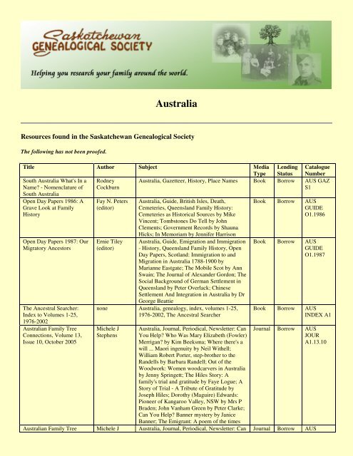 Australia - Saskatchewan Genealogical Society