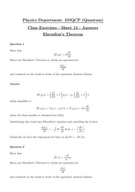 Ehrenfests Theorem With Answers