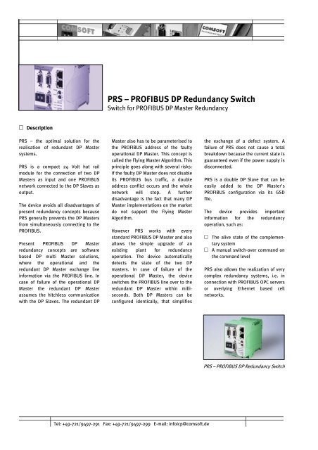 PRS â PROFIBUS DP Redundancy Switch - Comsoft