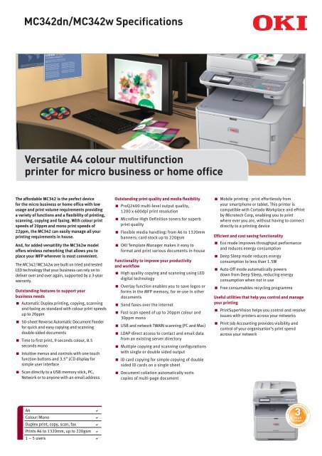 MC342dn/MC342w Specifications Versatile A4 colour multifunction ...
