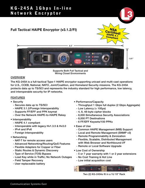 KG-245A 1Gbps In-line Network Encryptor - L-3 Communications
