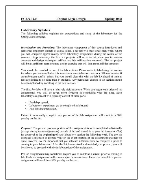 Lab Syllabus - Digital Logic Design - Oklahoma State University Lab Syllabus - Digital Logic Design - Oklahoma State University