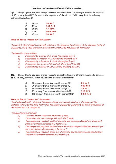 Solutions to Questions on Electric Fields - Handout 1 ... - Cyberphysics