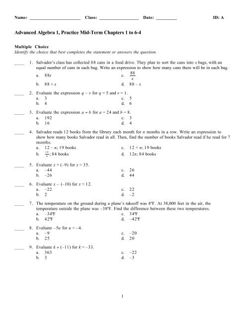 26 Chapter 7 Algebra 1 Test GillyTamara
