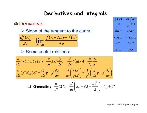 Derivatives and integrals Derivative: