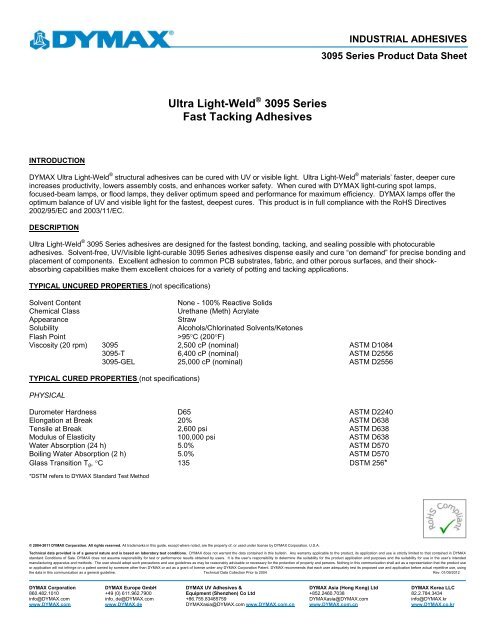 DYMAX Industrial Adhesives 3095 Series Product Data Sheet
