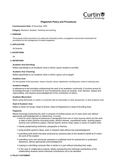 Plagiarism Policy and Procedures - Curtin University