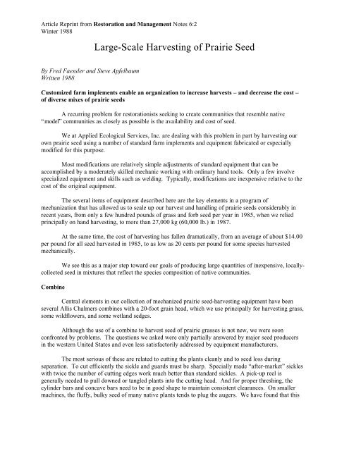 Large-Scale Harvesting of Prairie Seed - Applied Ecological Services