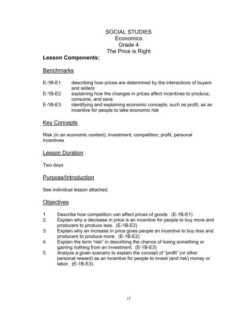 SOCIAL STUDIES Economics Grade 4 The Price is Right Lesson ...