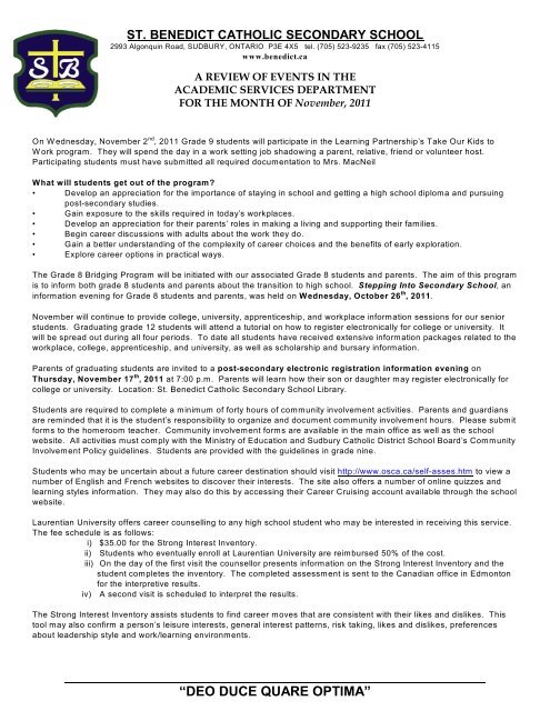 deo duce quare optima - St. Benedict Catholic Secondary School