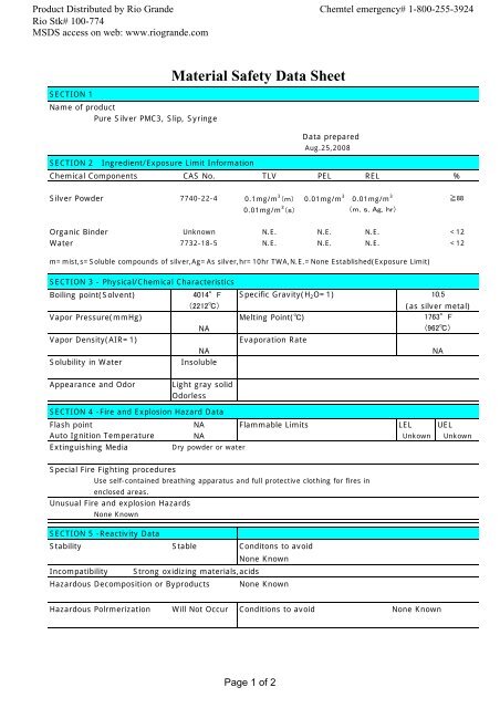 Pure Silver PMC3, Slip, Syringe MSDS - Rio Grande