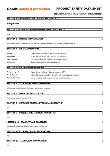 Product Safety Data Sheets - Crewsaver